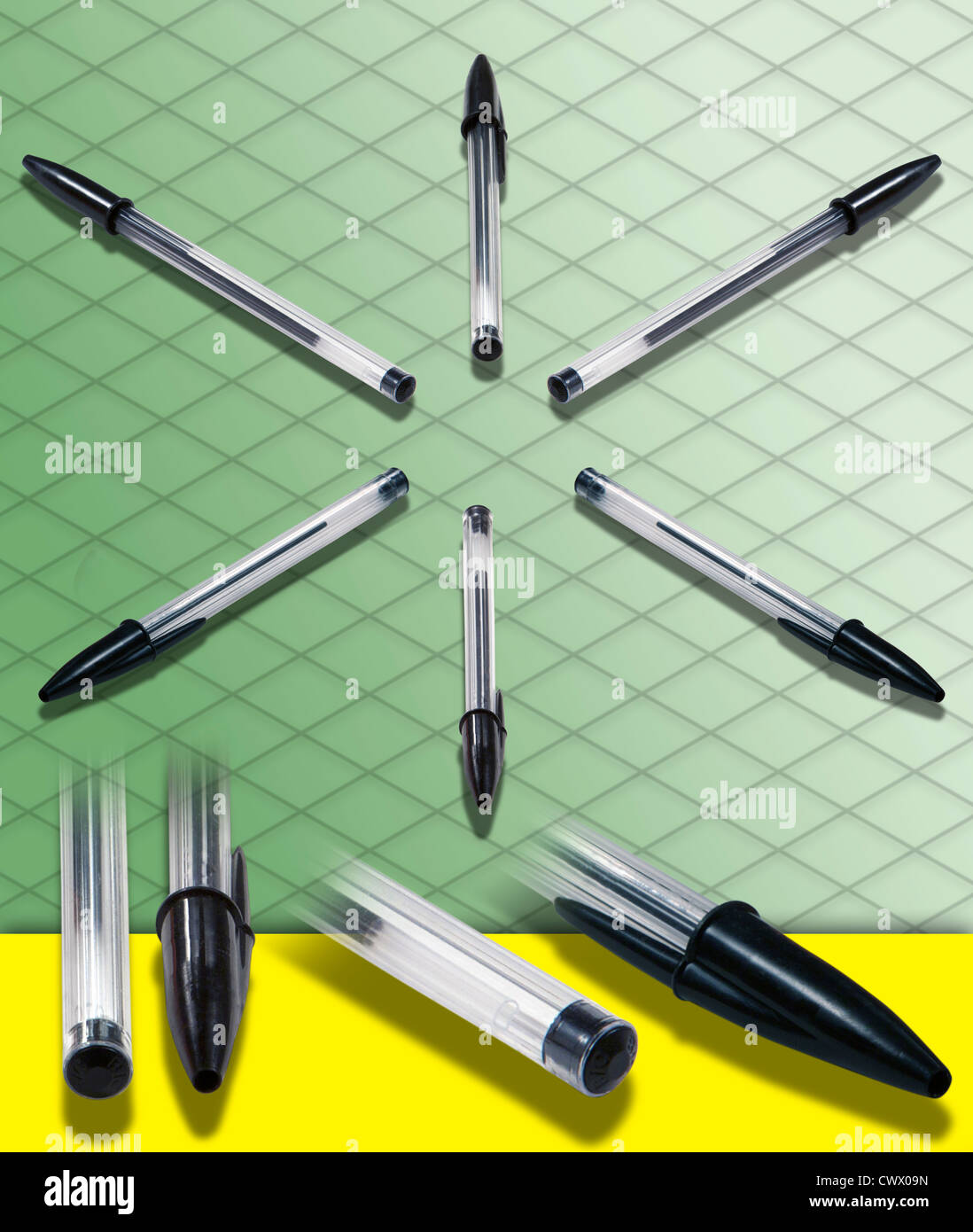 Isometric Elegance: Silver and Black Pens at Various Angles on a Grid ...