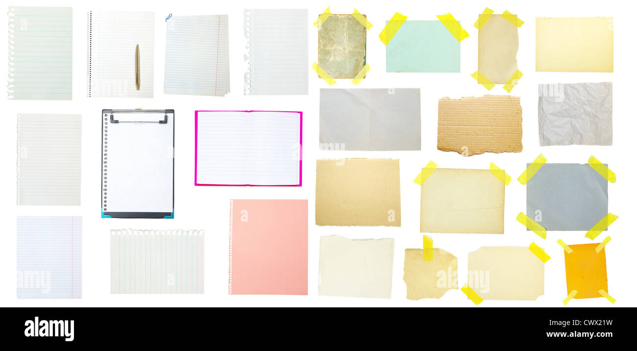 collection of old note paper on white background Stock Photo - Alamy