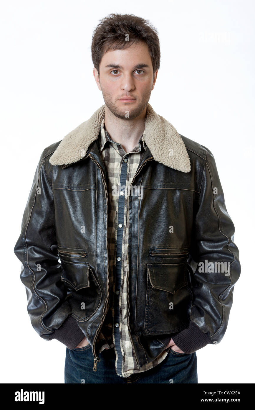 A portrait of a handsome Young Man Wearing a Leather Jacket Stock Photo ...