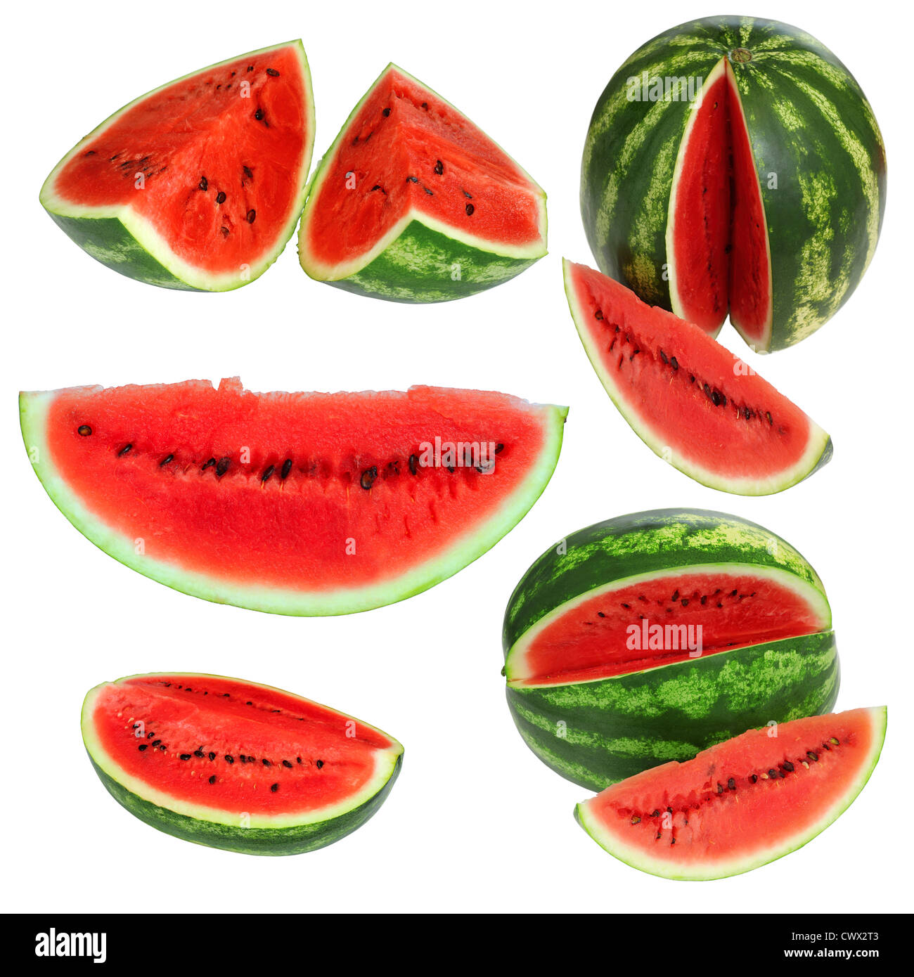 Set fresh watermelon and slices isolated on a white background Stock ...