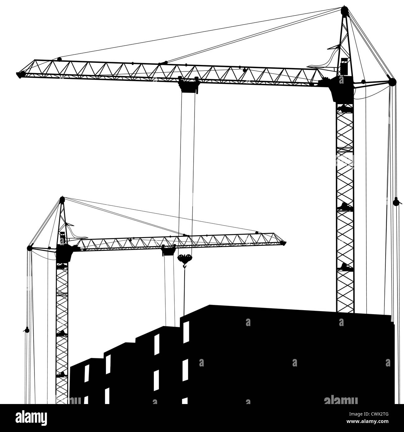 Tower cranes on construction building Black and White Stock Photos ...