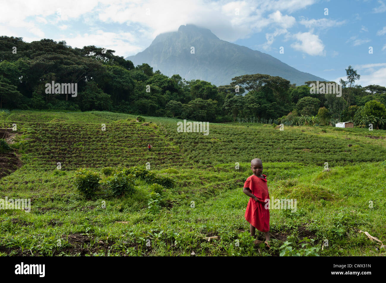 Child in front of Volcano Mount Mikeno, Virunga National Park, DR Congo ...