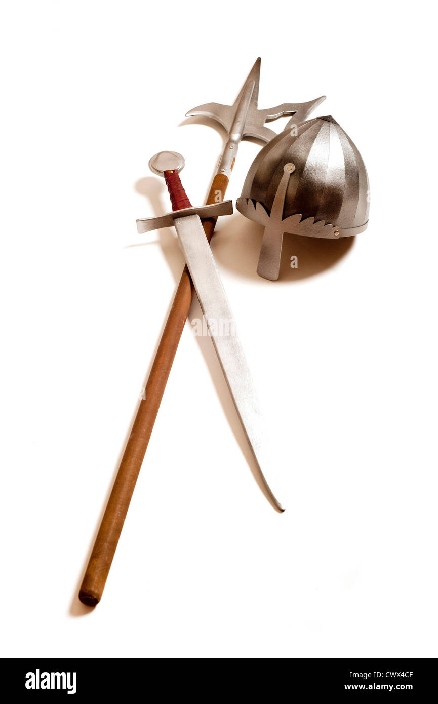 medieval sword helm and halberd Stock Photo - Alamy