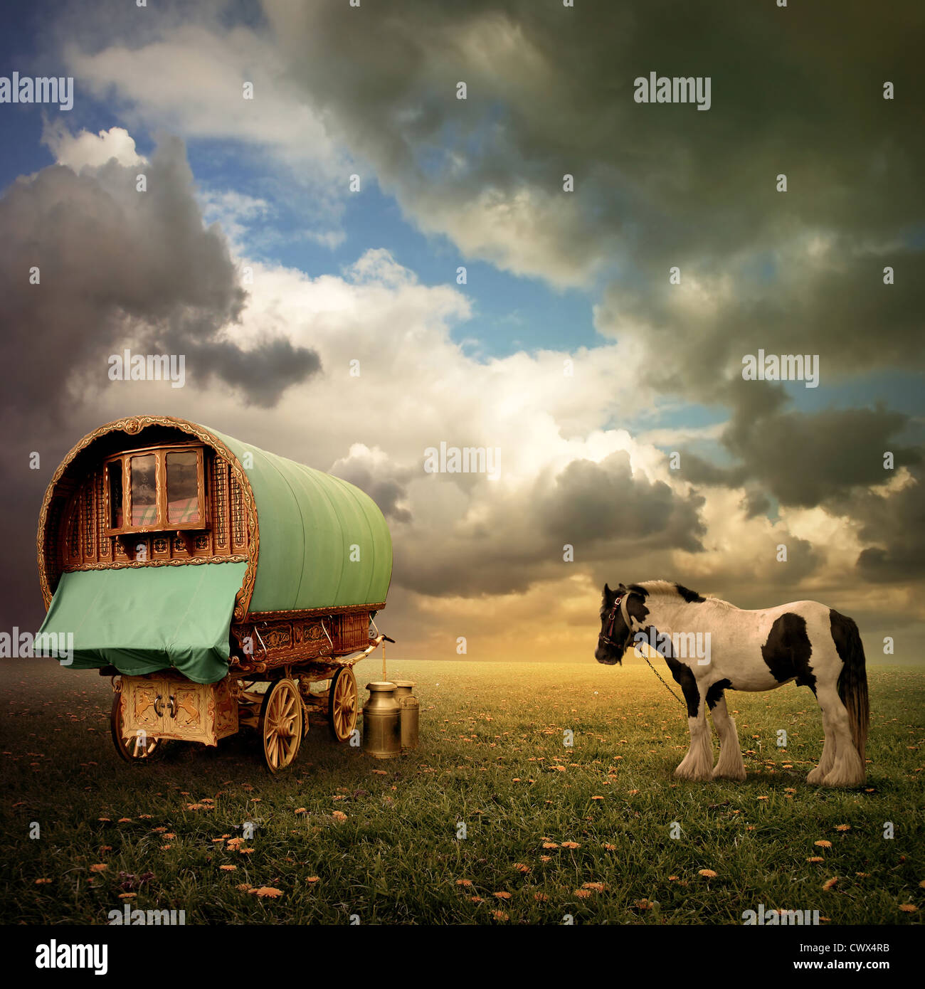 An Old Gypsy Caravan, Trailer, Wagon with a Horse Stock Photo - Alamy