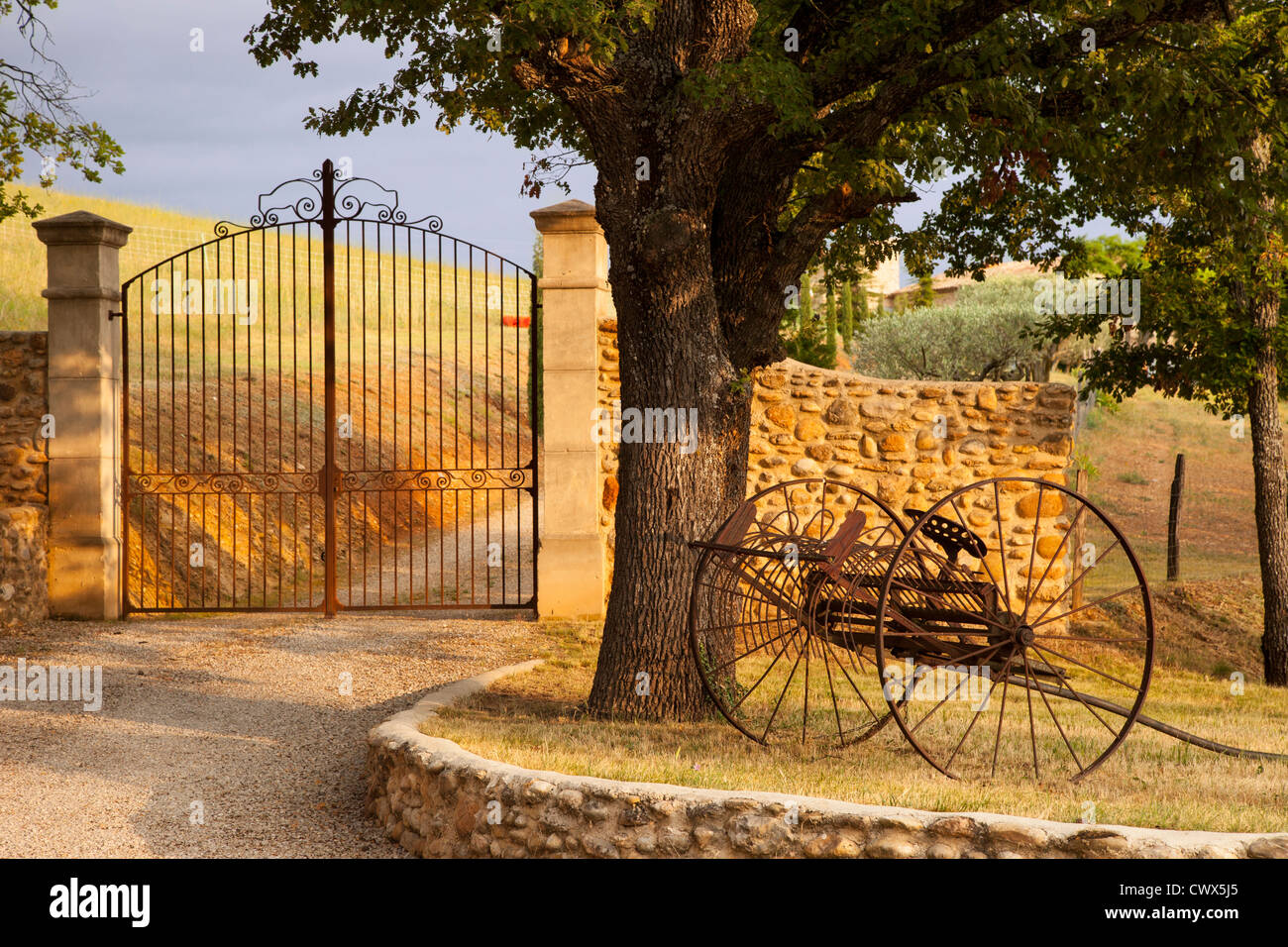 Dawn at Gated entrance to farm near Greoux-les-Bains, Provence France ...