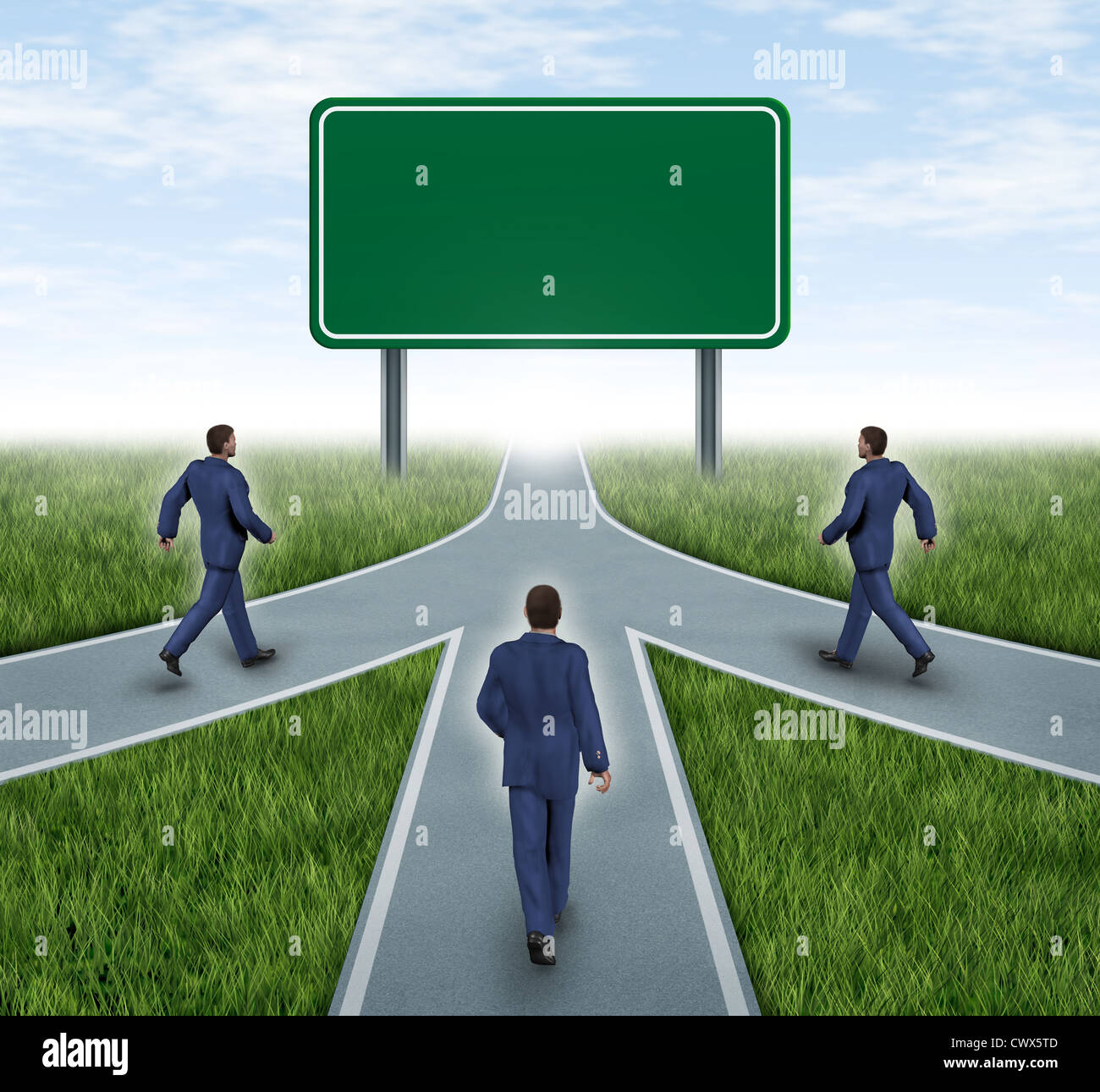 Teamwork with blank road sign mergers and partnerships converging on ...