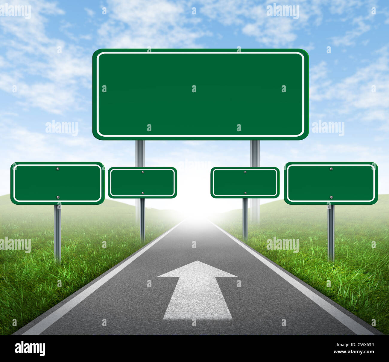 Strategy road signs on a highway with green grass and asphalt street ...