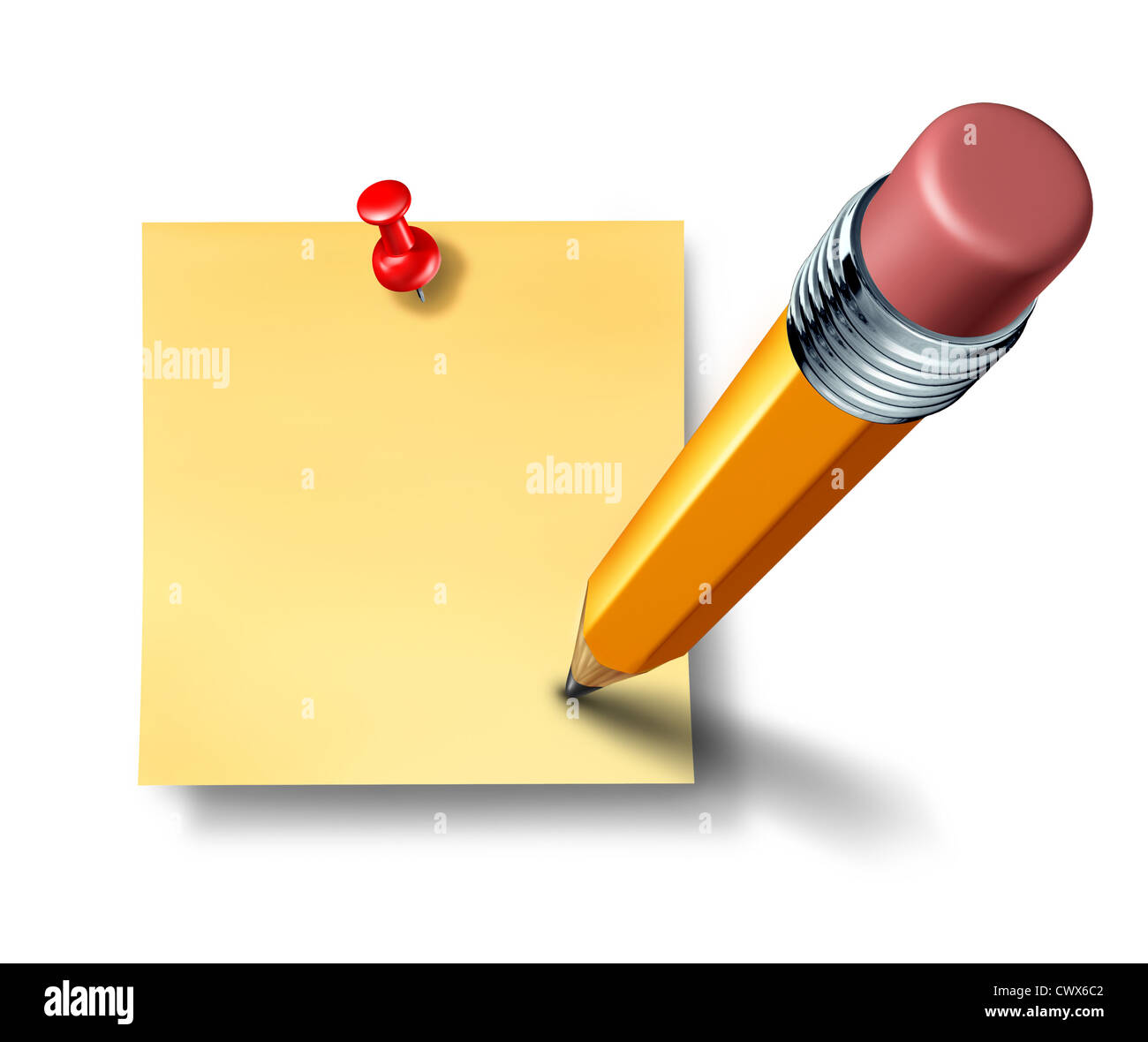 Writing an on a blank office note with a yellow pencil representing the ...
