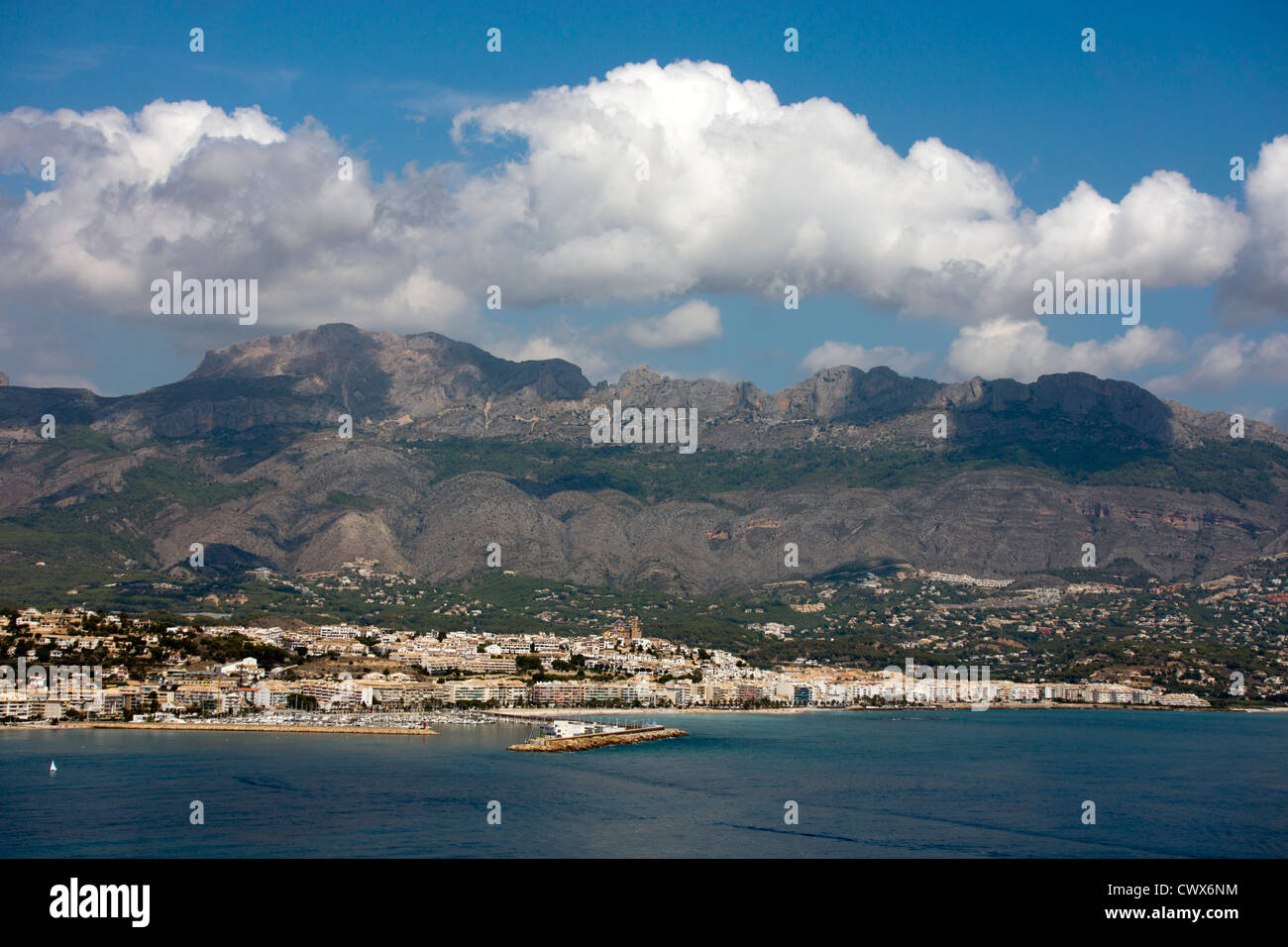 Costa Blanca, Spain, Altea, harbour, Bernia Ridge, blue sky fluffy ...