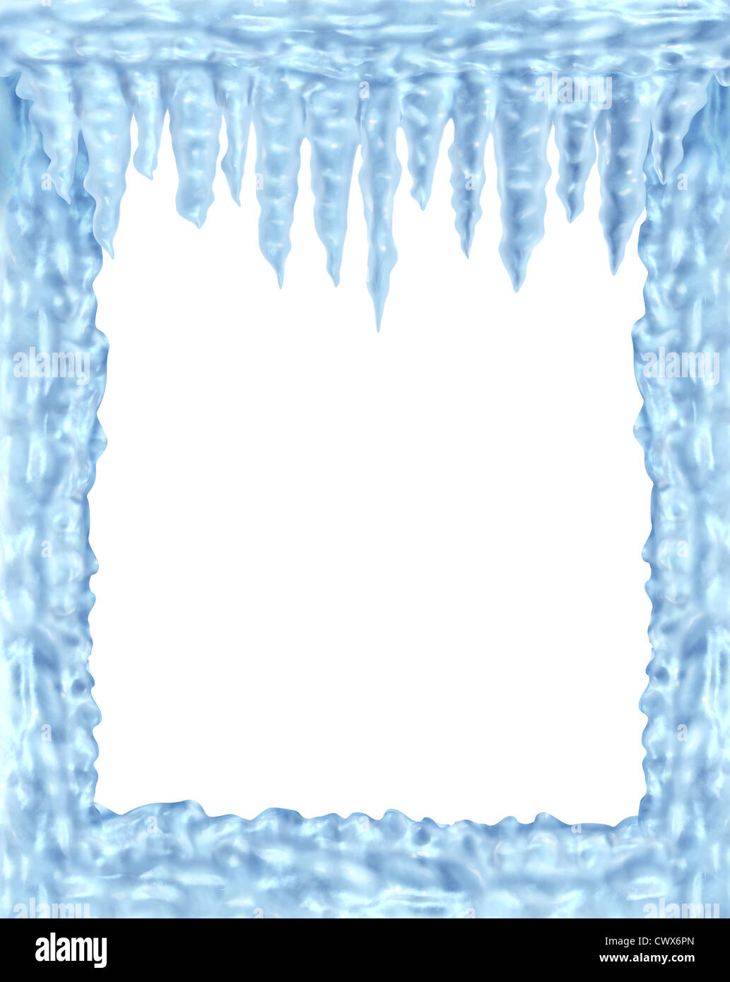 Frozen ice and icicles frame winter design element on a blank white ...