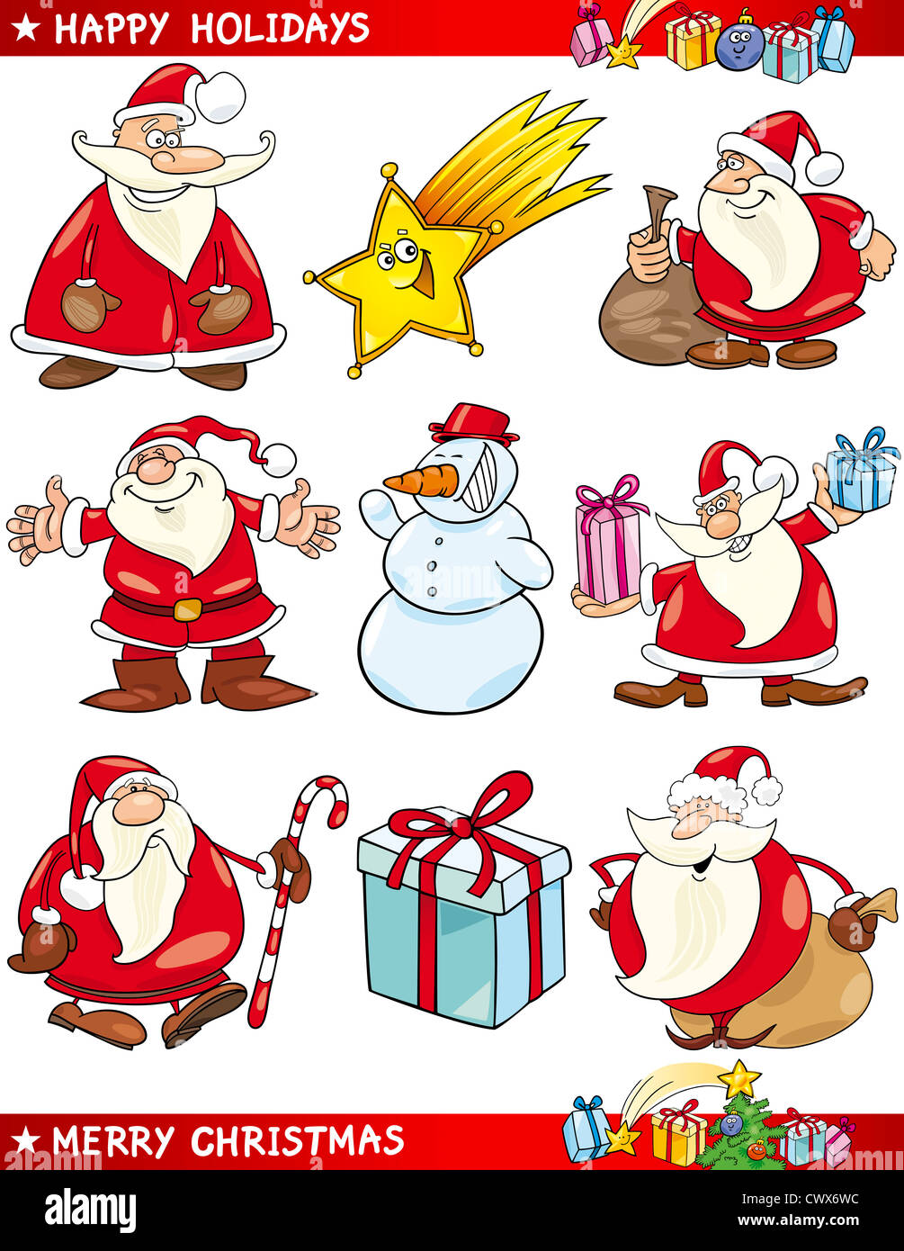 Cartoon Illustration of Santa Clauses, Christmas Star and other Themes ...
