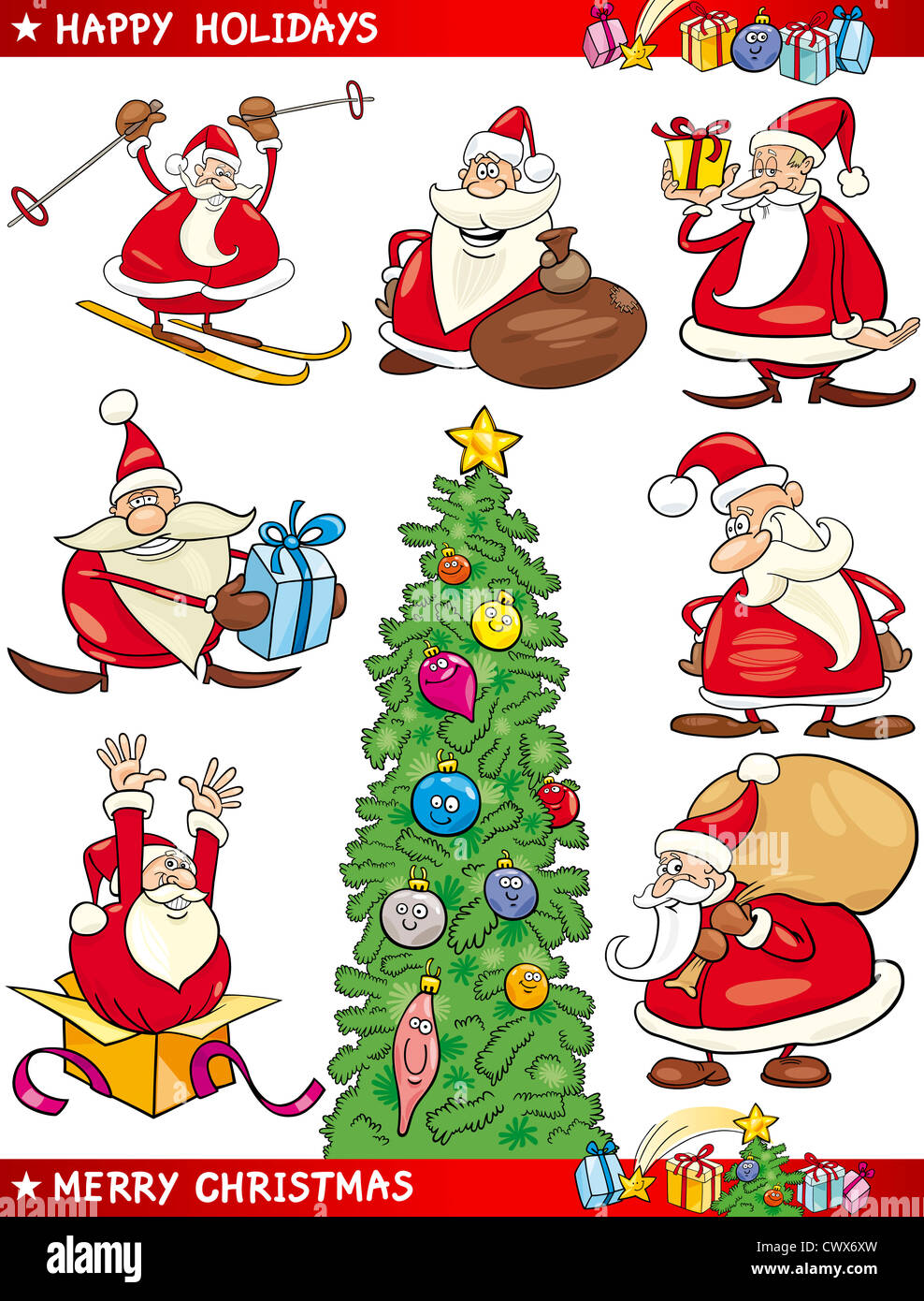 Cartoon Illustration of Santa Clauses, Christmas Tree and other Themes ...