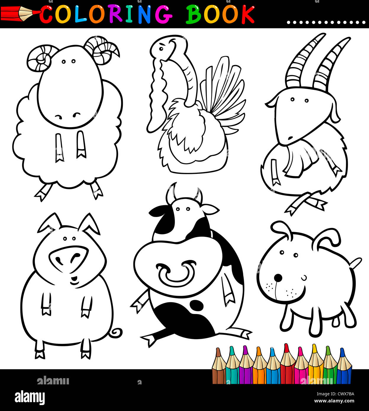 Coloring Book or Page Cartoon Illustration of Funny Farm and Livestock ...