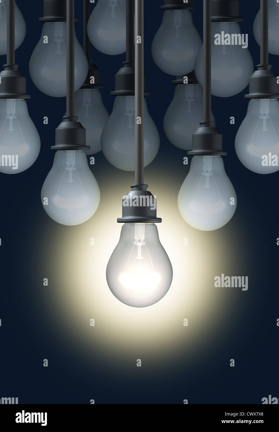 Creativity with a bright shinning light bulb standing out in a ...