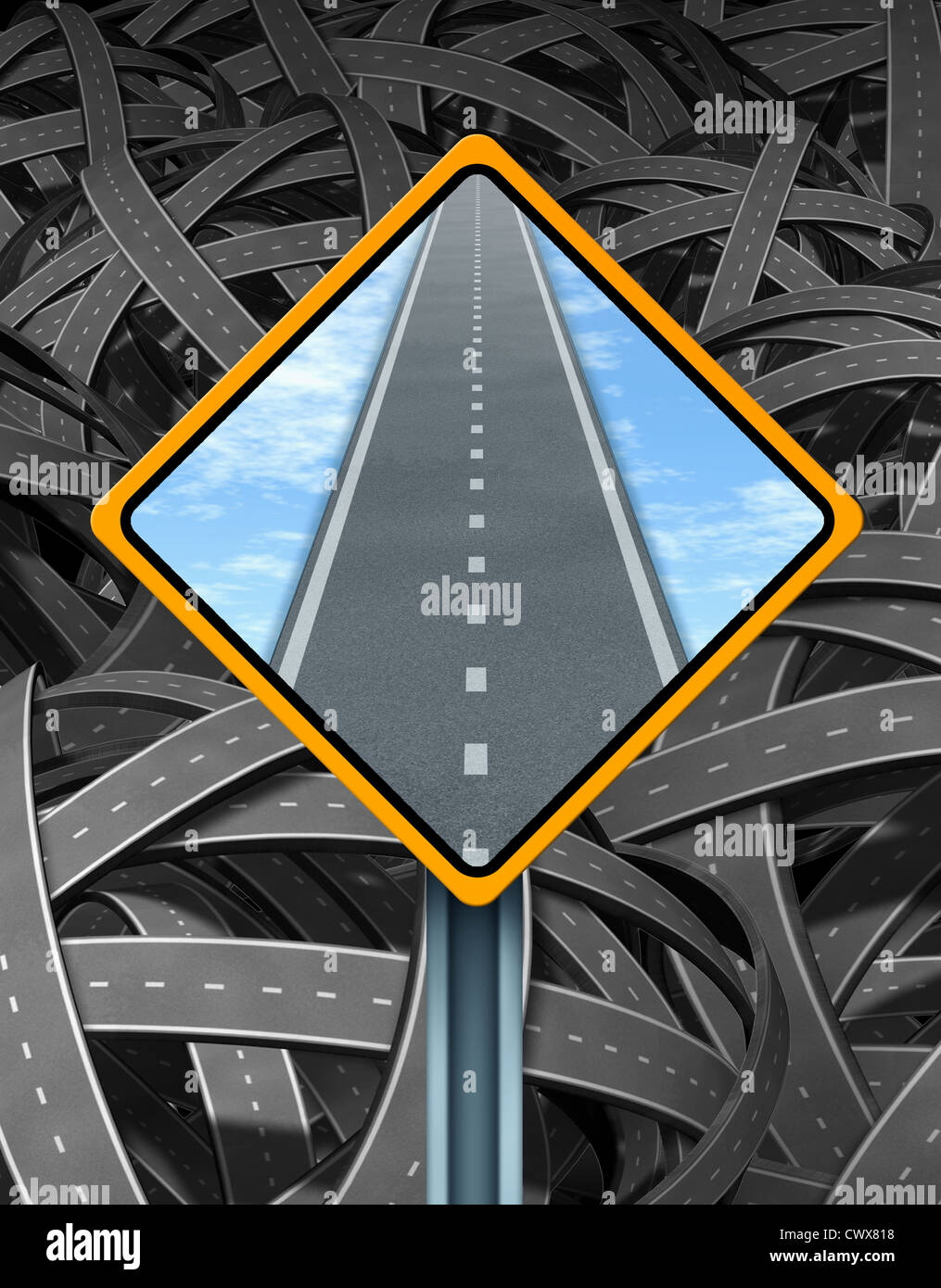 Solution traffic sign with a yellow road signage displaying a clear ...