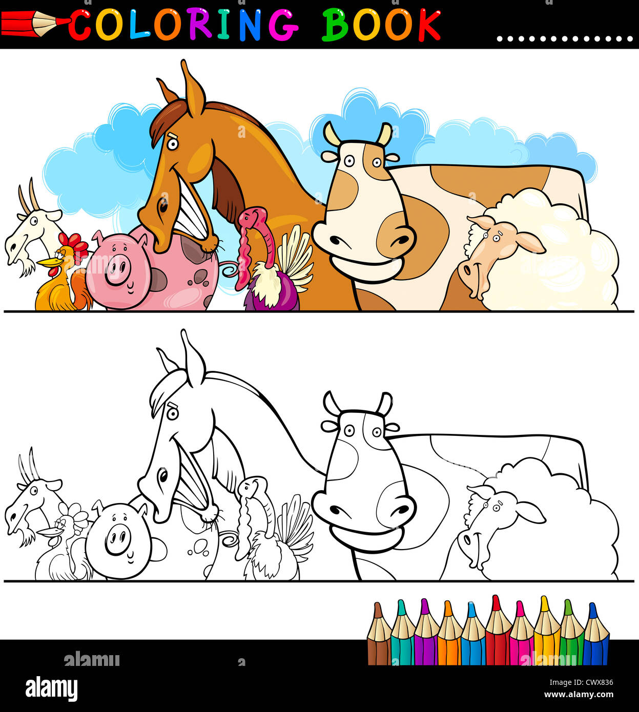 Coloring Book or Page Cartoon Illustration of Funny Farm and Livestock ...