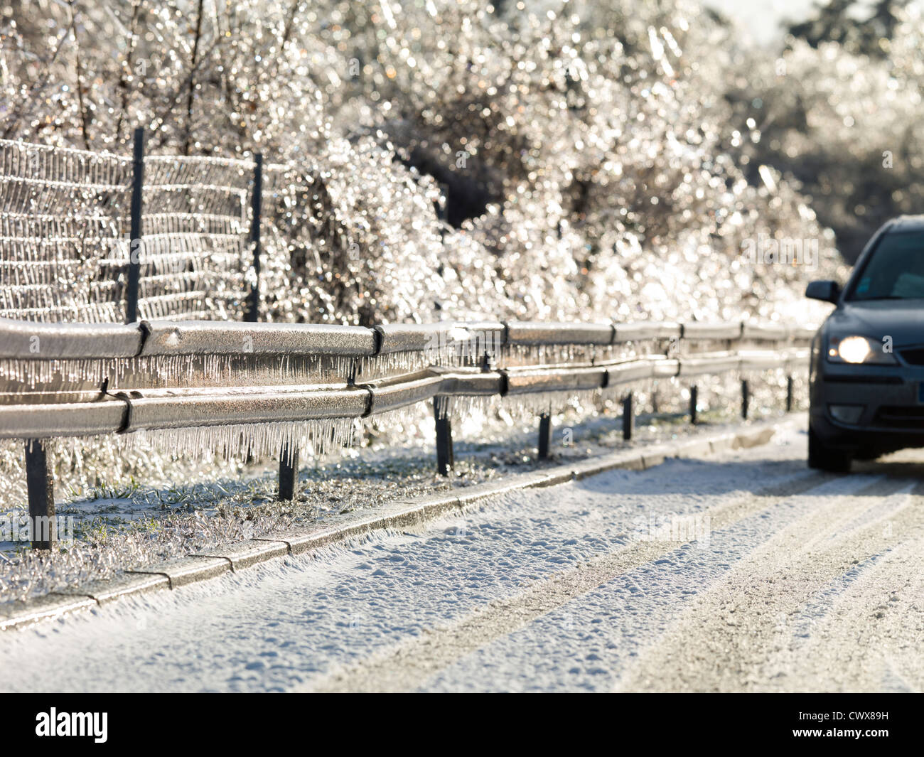 frozen nature at parking lot, difficult weather conditions Stock Photo ...