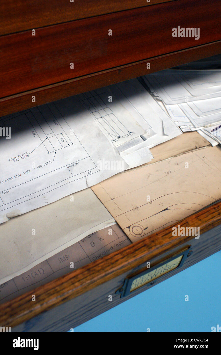 Old engineering drawings and blueprints in a drawing cabinet Stock ...