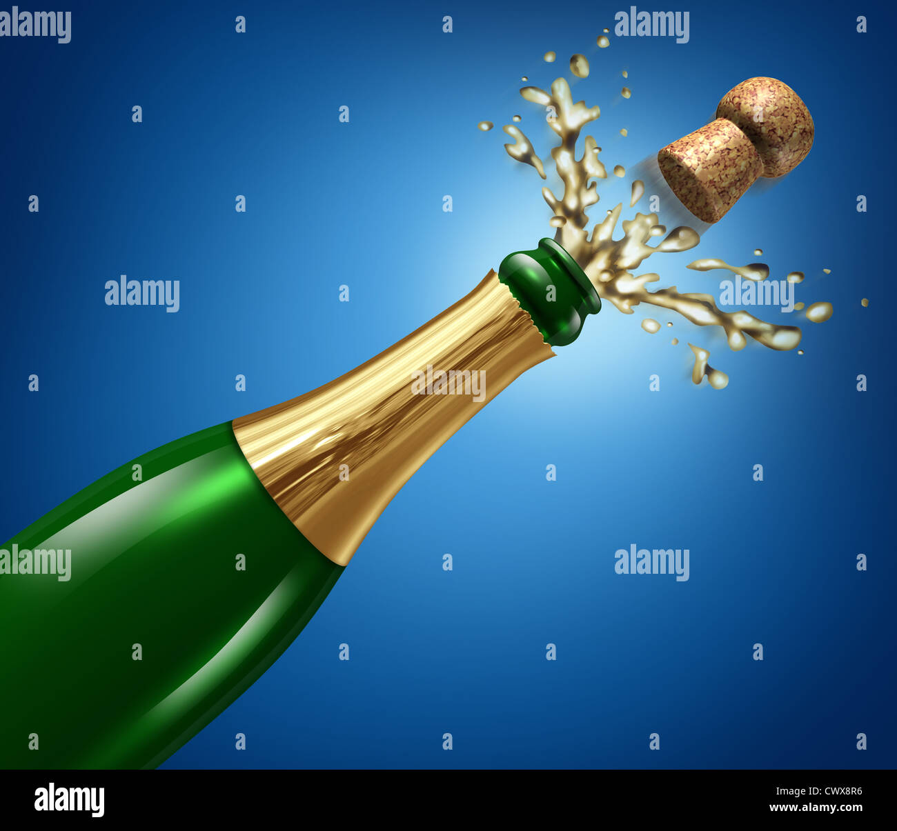 Champagne celebration with splash and flying cork explosion as a symbol ...