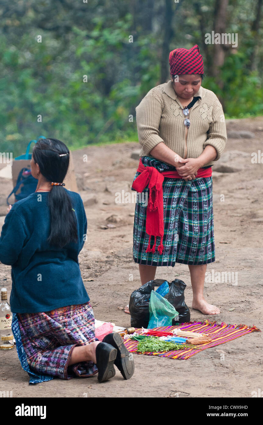 A Mayan shaman performs a ceremony at Iximche Archeological National ...