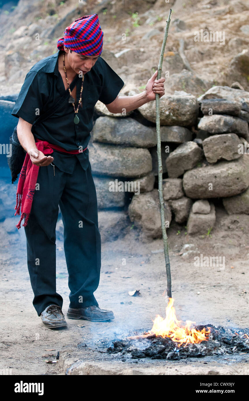 A Mayan shaman performs a ceremony at Iximche Archeological National ...