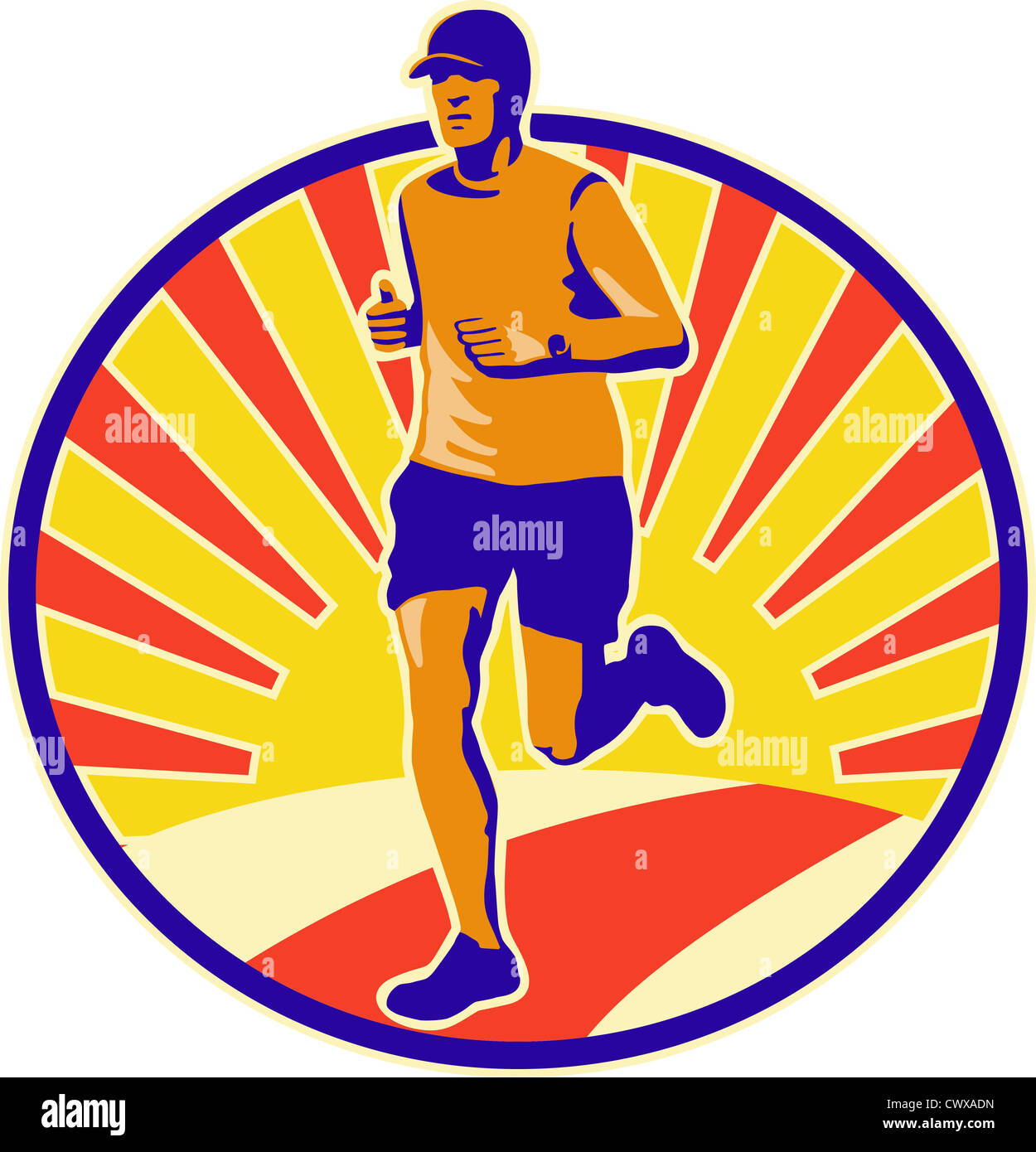 Illustration of marathon triathlete runner running done in retro style ...