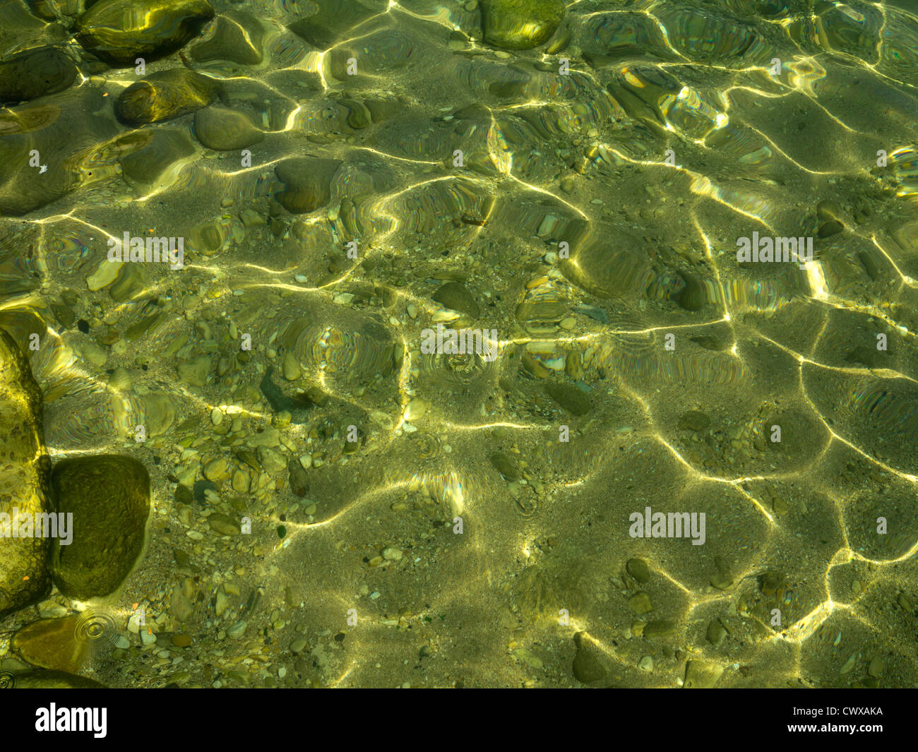 Close Up Of Crystal Clear Water On Shallow Green Sea Bed Dappled In