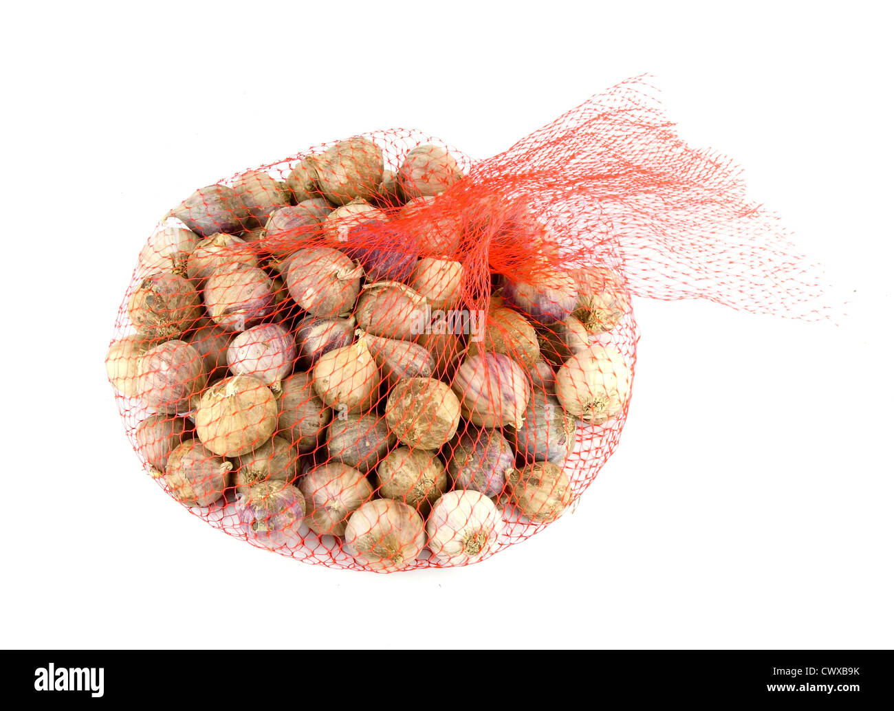 Net of garlic bulbs on white Stock Photo - Alamy