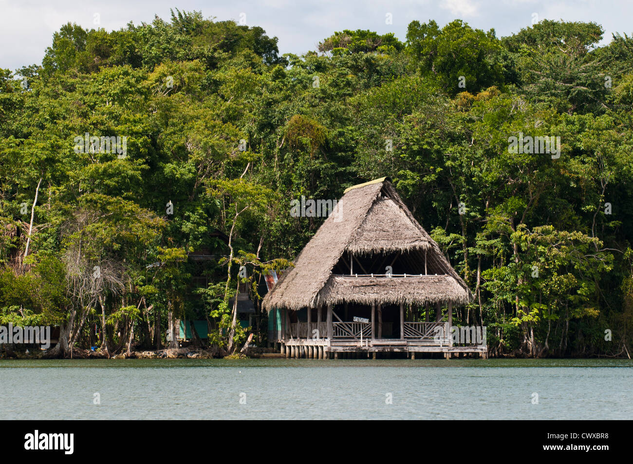 Indigenous maya garifuna people wooden dwelling on Lake Izabal, Lago de ...