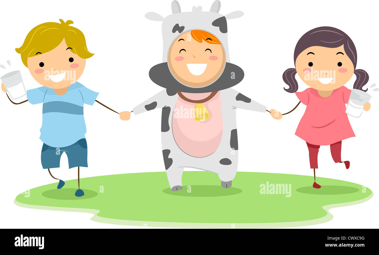 Illustration of Children Playing with a Cow Mascot Stock Photo - Alamy