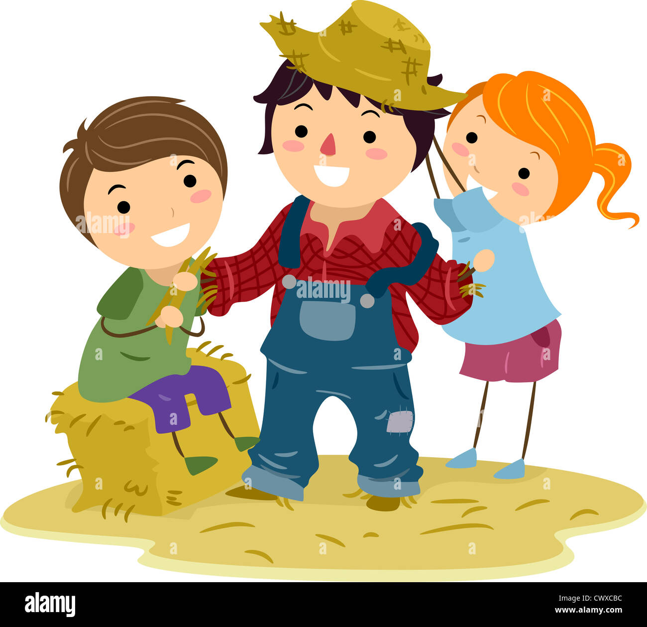 Illustration of Kids Making a Scarecrow Stock Photo - Alamy