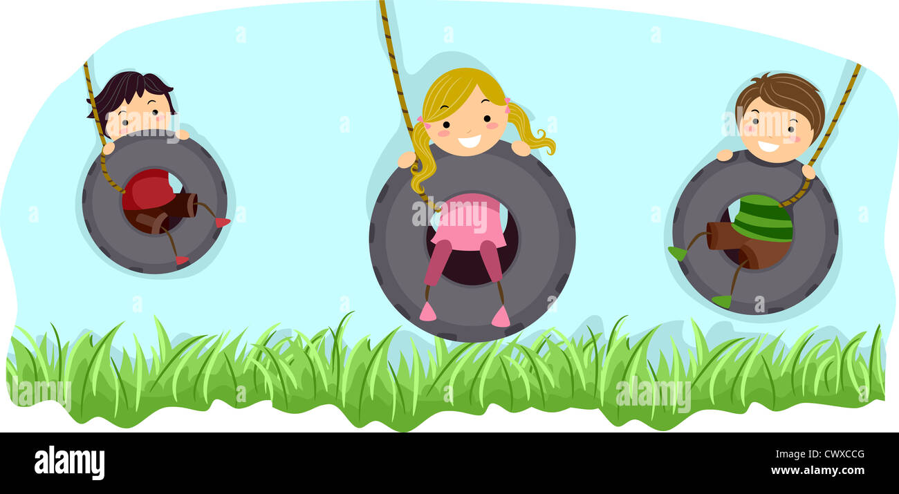 Illustration of Kids Riding Swings Made from Tires Stock Photo - Alamy