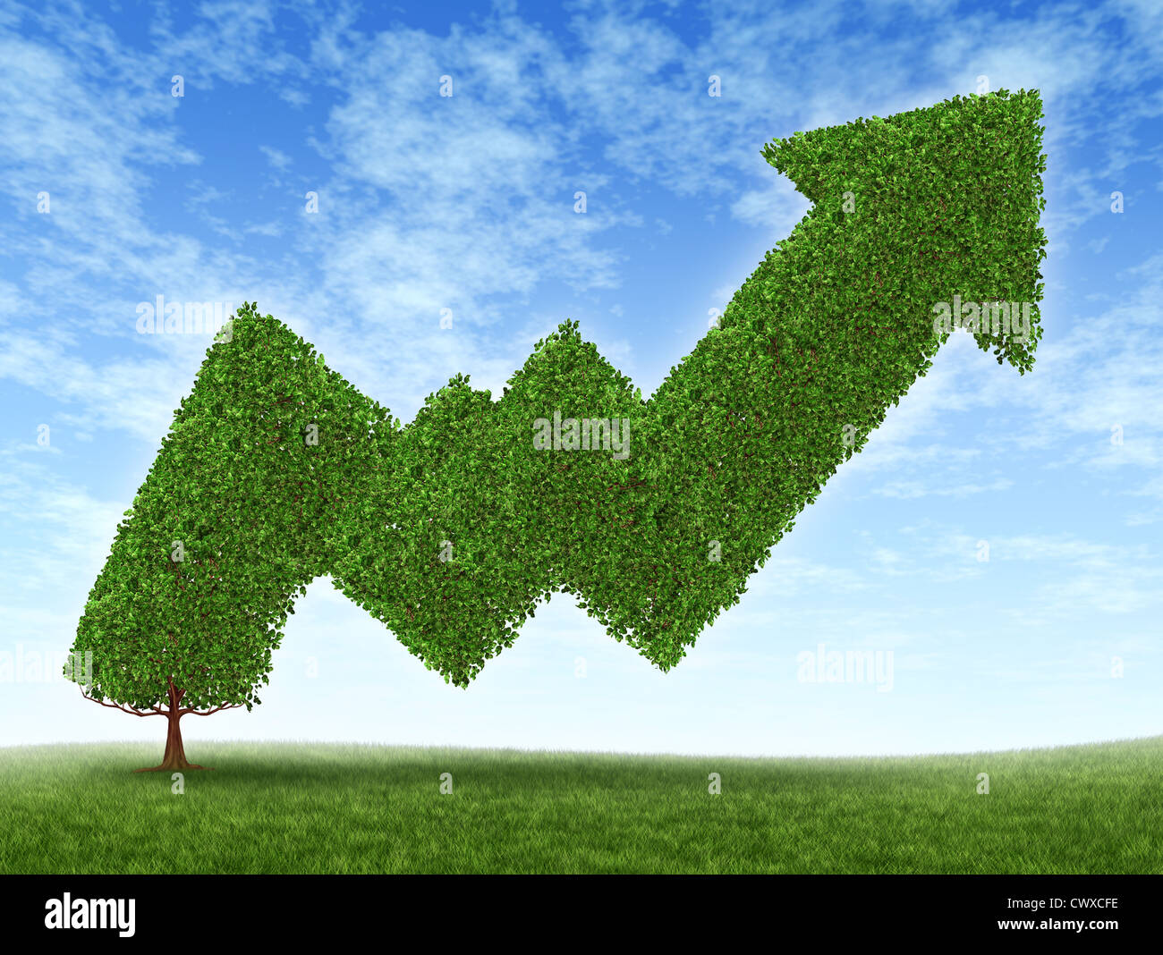 Stock market growth and success with a growing green tree in the shape ...