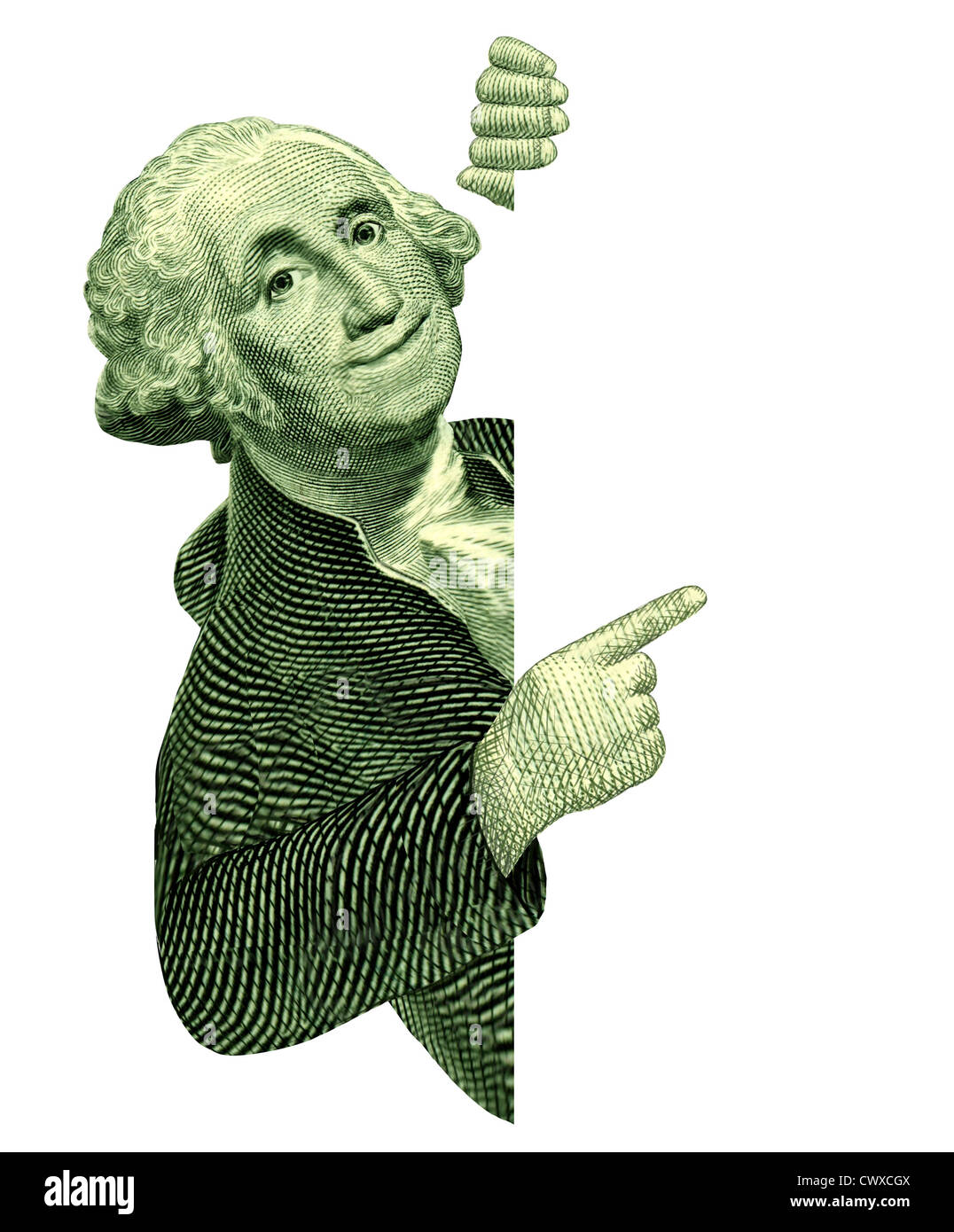 George Washington With a Blank Sign pointing to an announcement on a ...