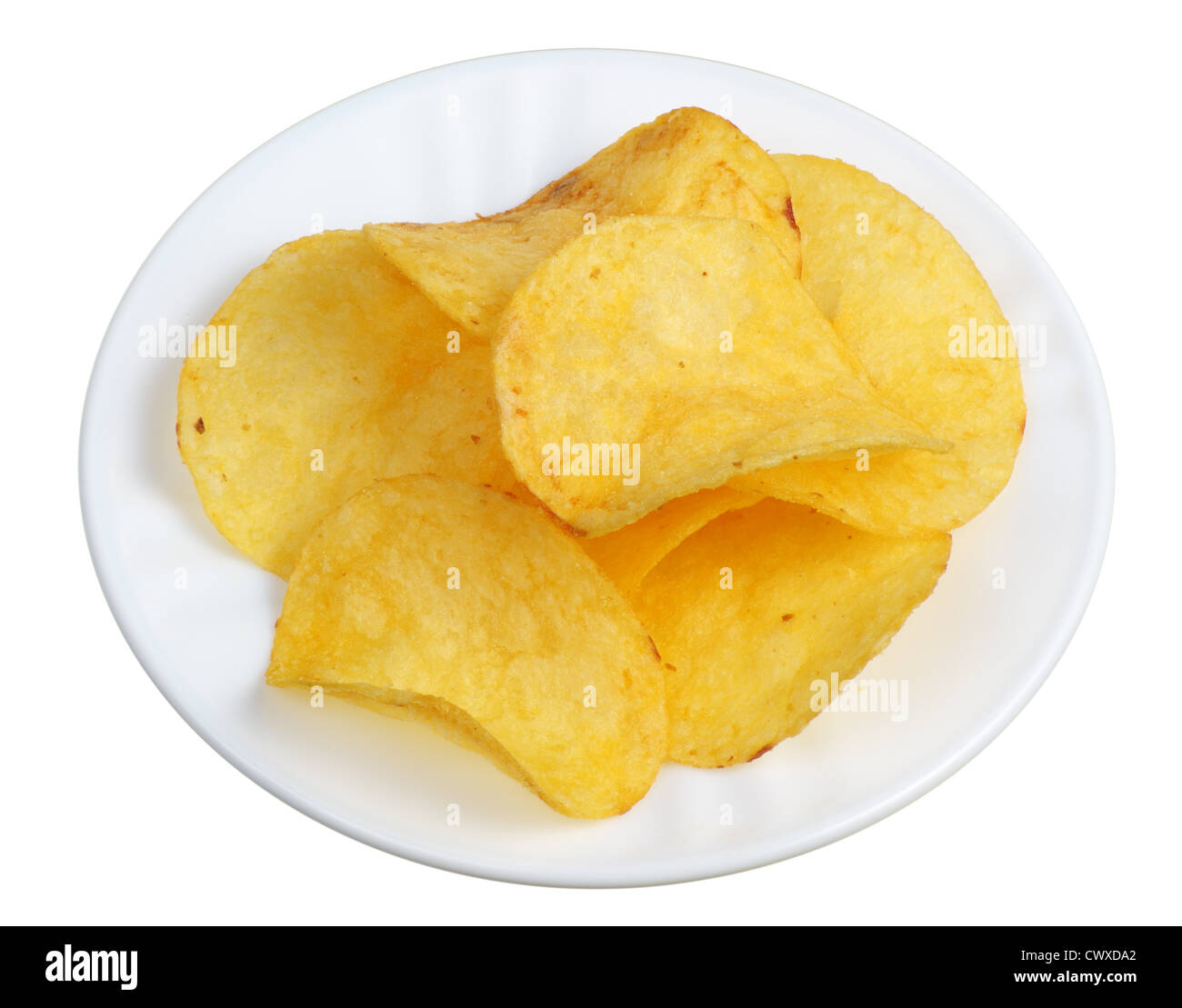 A few slices of potato chips in a white plate, isolated Stock Photo - Alamy