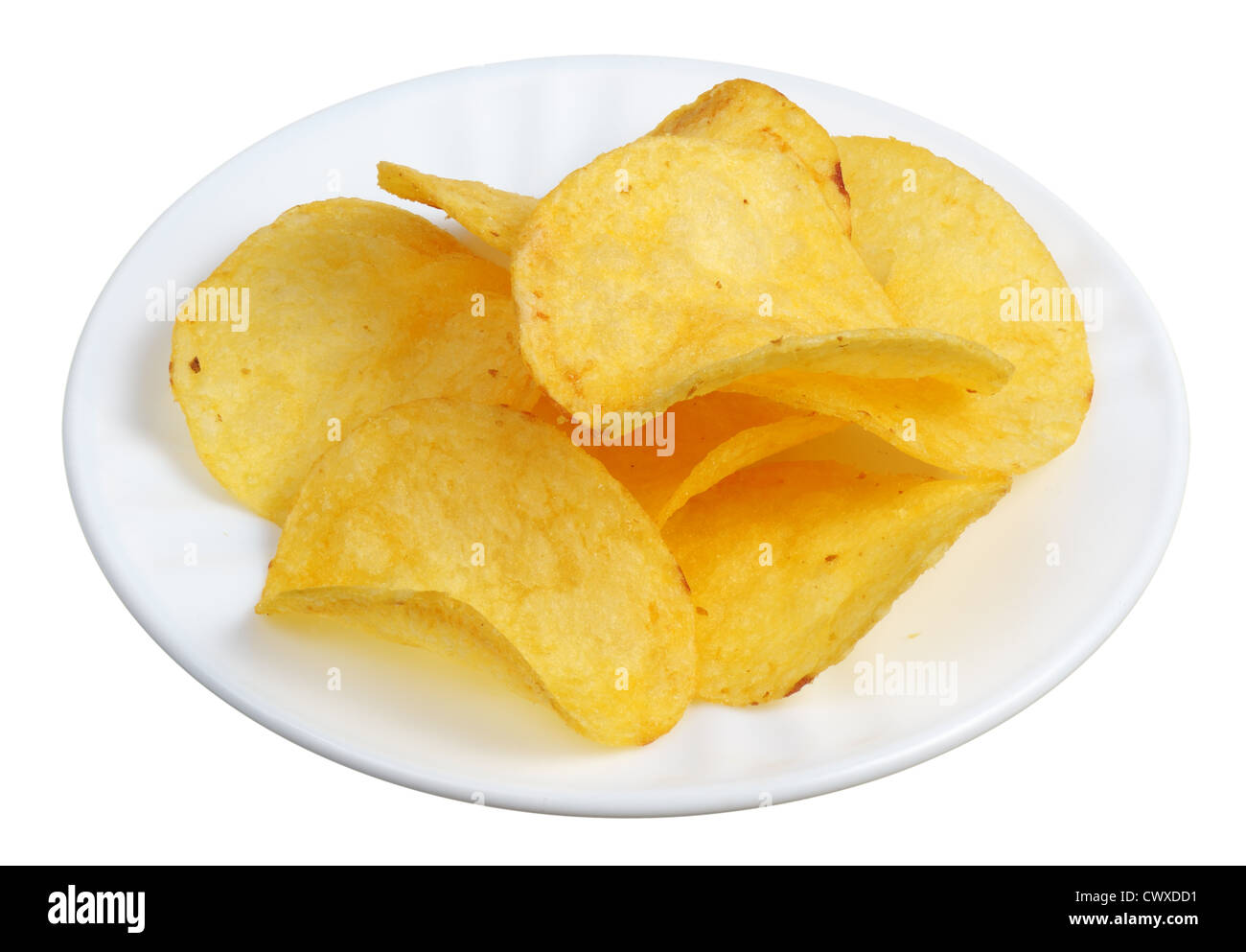 A few slices of potato chips in a white plate, isolated Stock Photo - Alamy