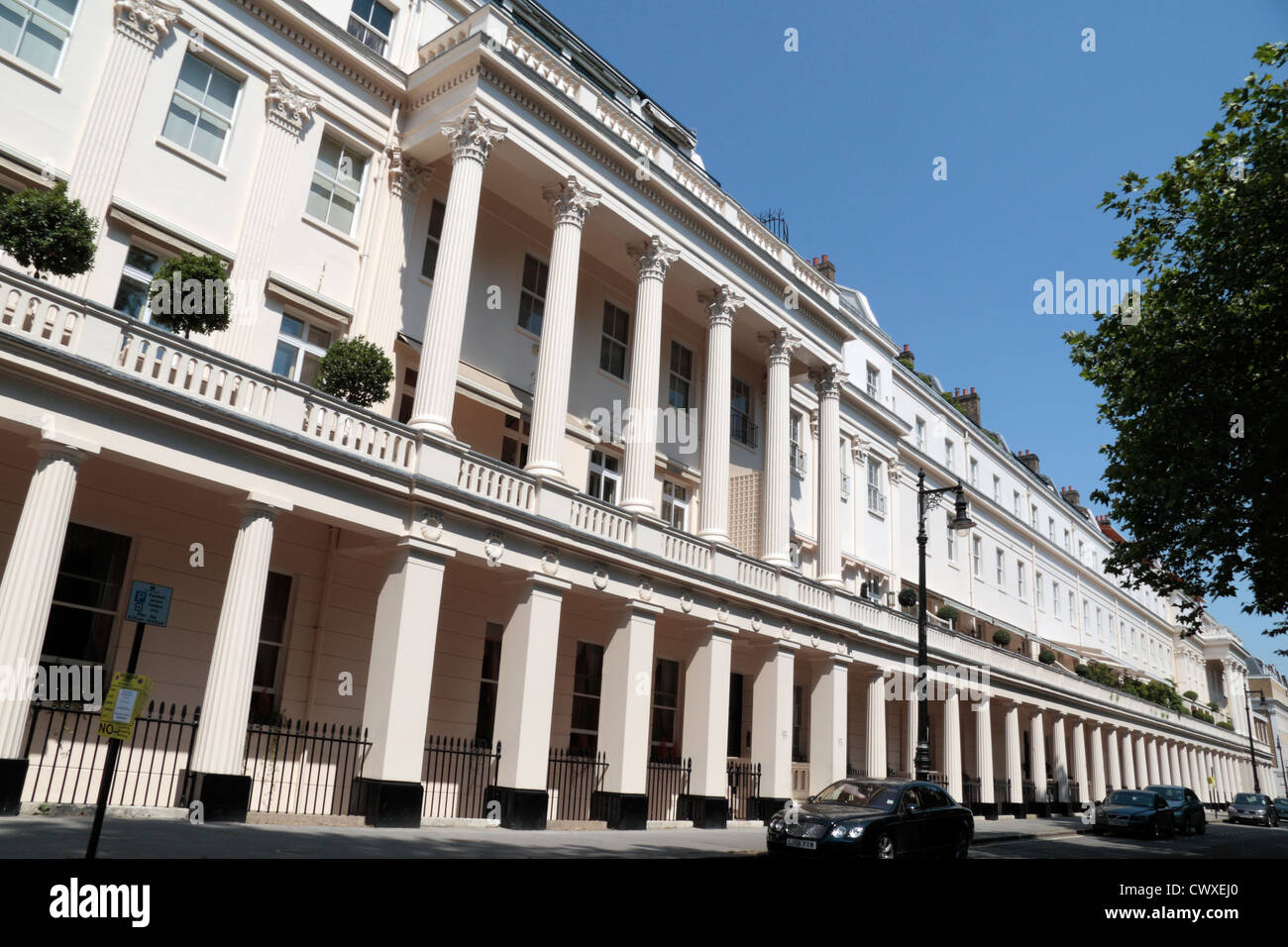 General view along Eaton Square, a residential garden square in London ...