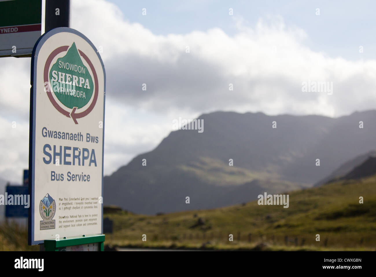 Pen-y-gwryd pass Snowdonia Sherpa bus service sign Stock Photo - Alamy