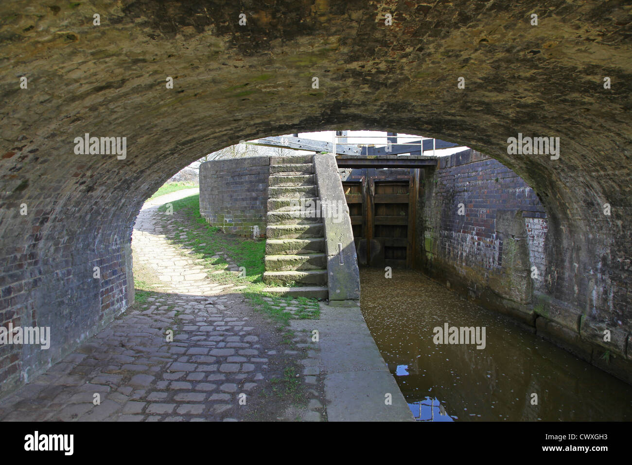 View under a bridge at locks on the Trent and Mersey canal at Rode ...