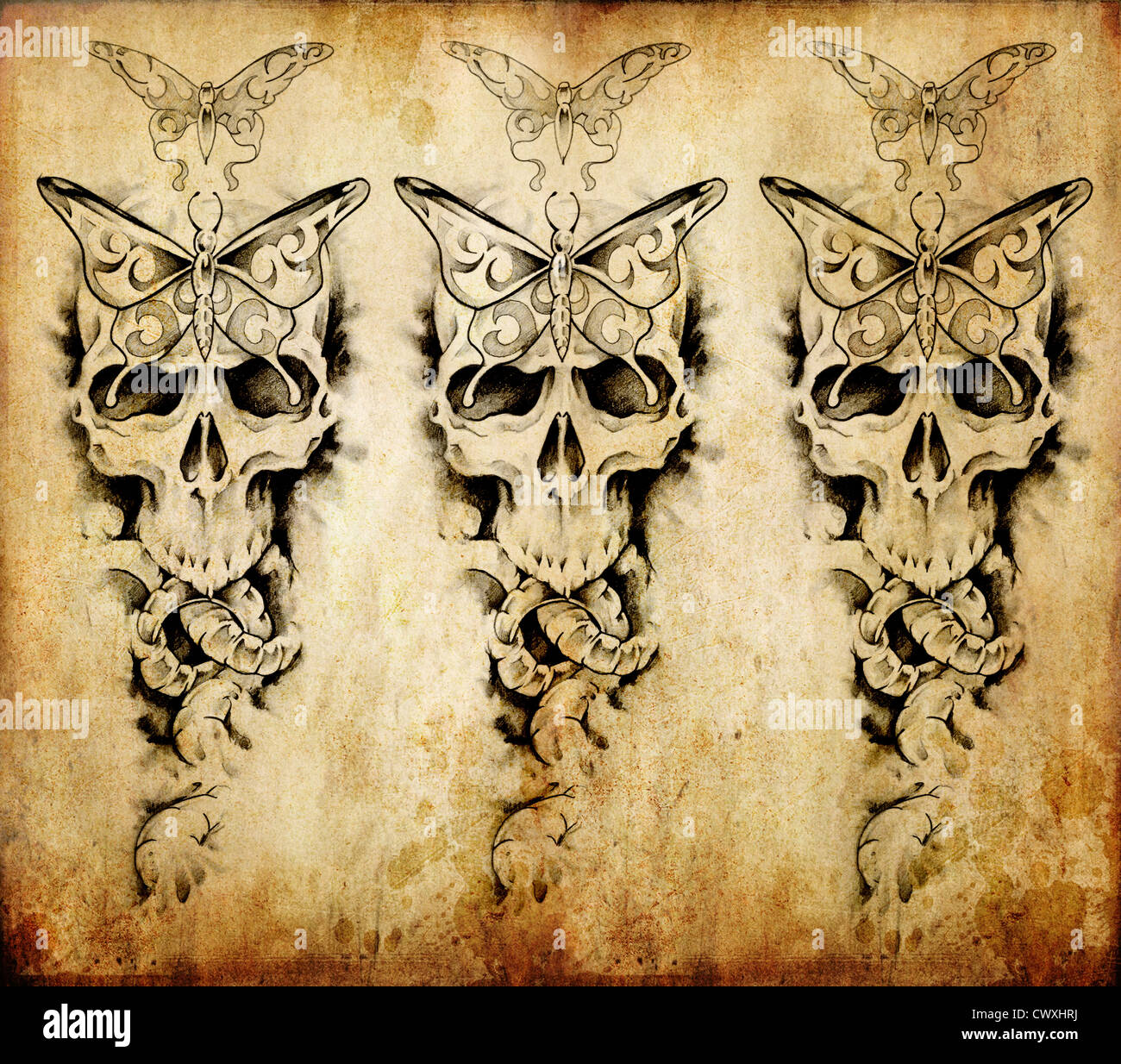 Tattoo art, sketch of a death over old paper Stock Photo - Alamy
