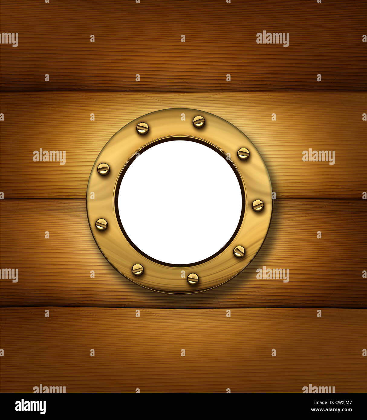 Porthole or ship window on an old wood frame wall as a nautical and ...
