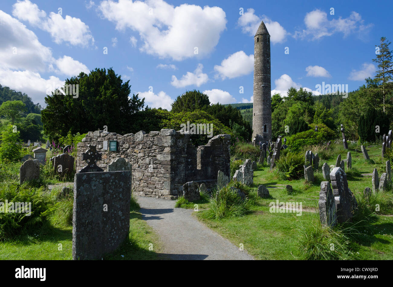 Round Tower and ruins at Glendalough, County Wicklow, Republic of ...