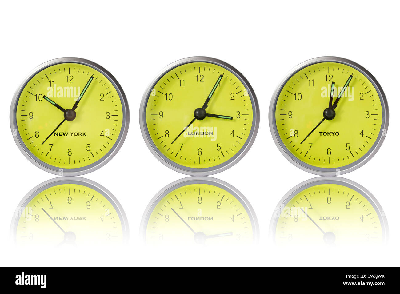 Time in New York, London and Tokyo, three watches on white background ...