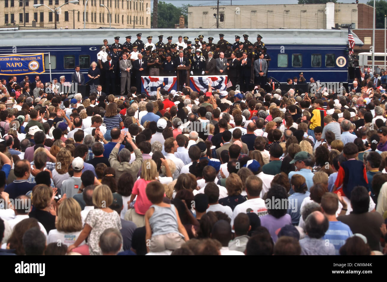 President Bill Clinton waves to his supporters during a campaign stop ...