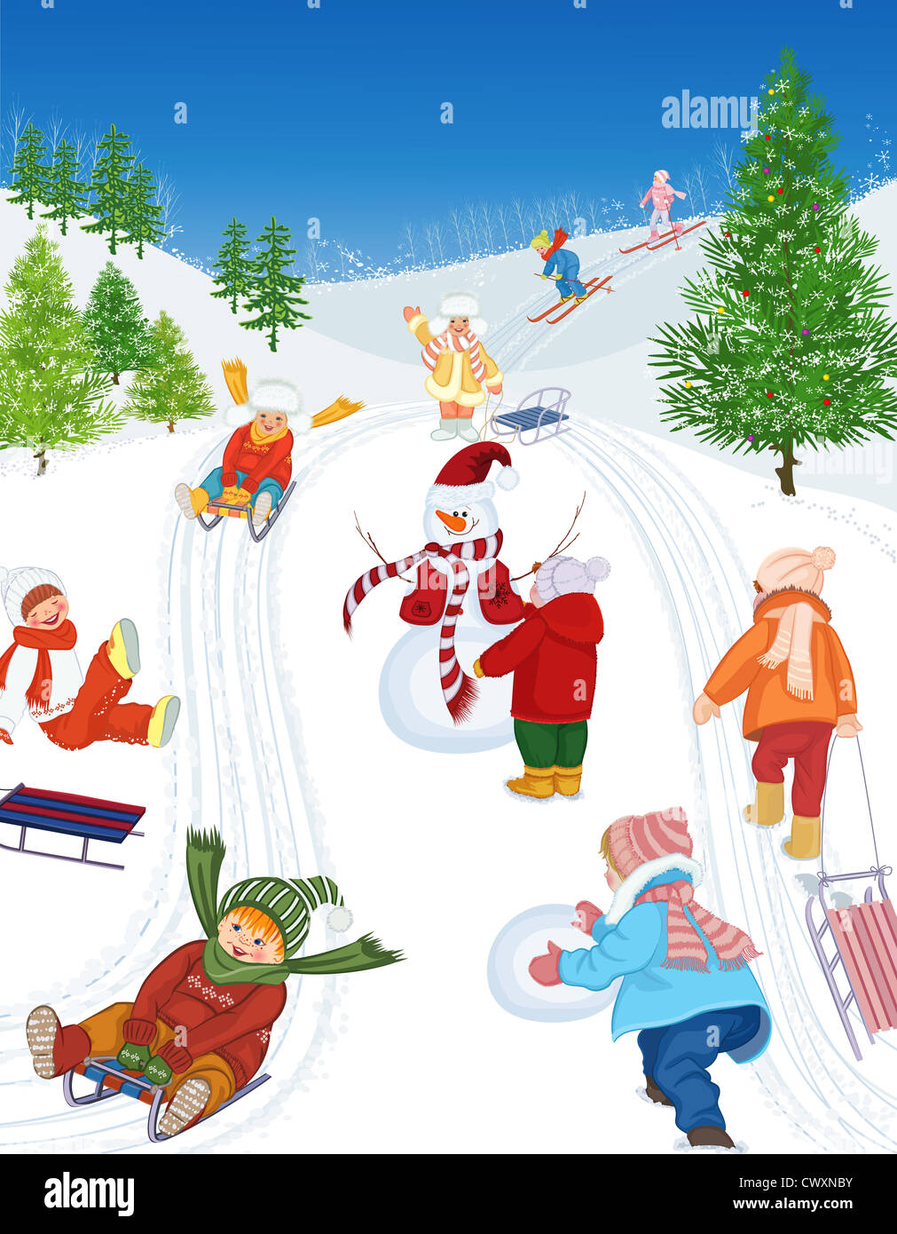 Group of cheerful children sledding and skiing Stock Photo - Alamy