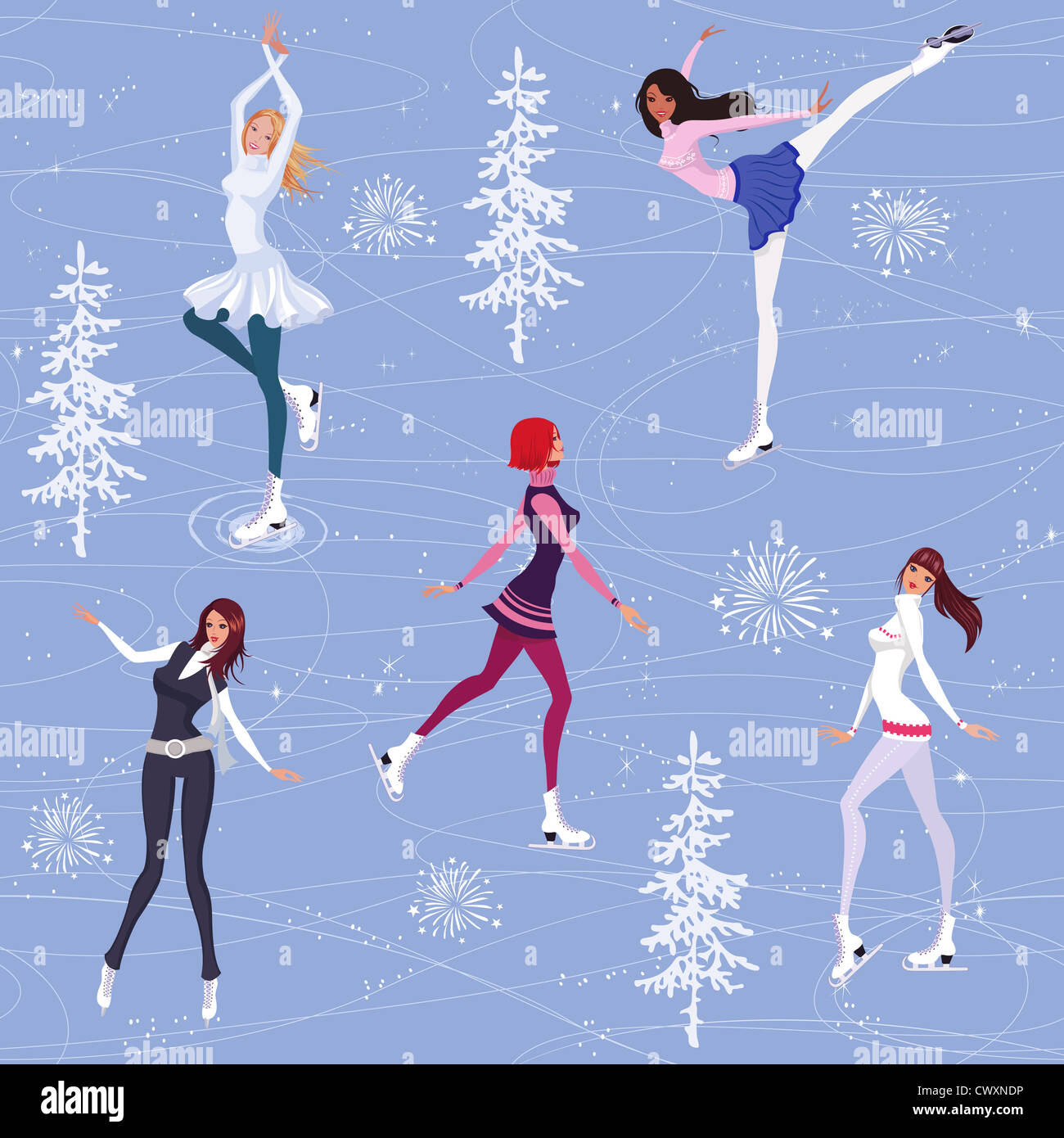 Seamless pattern with pretty girls skating on ice Stock Photo - Alamy
