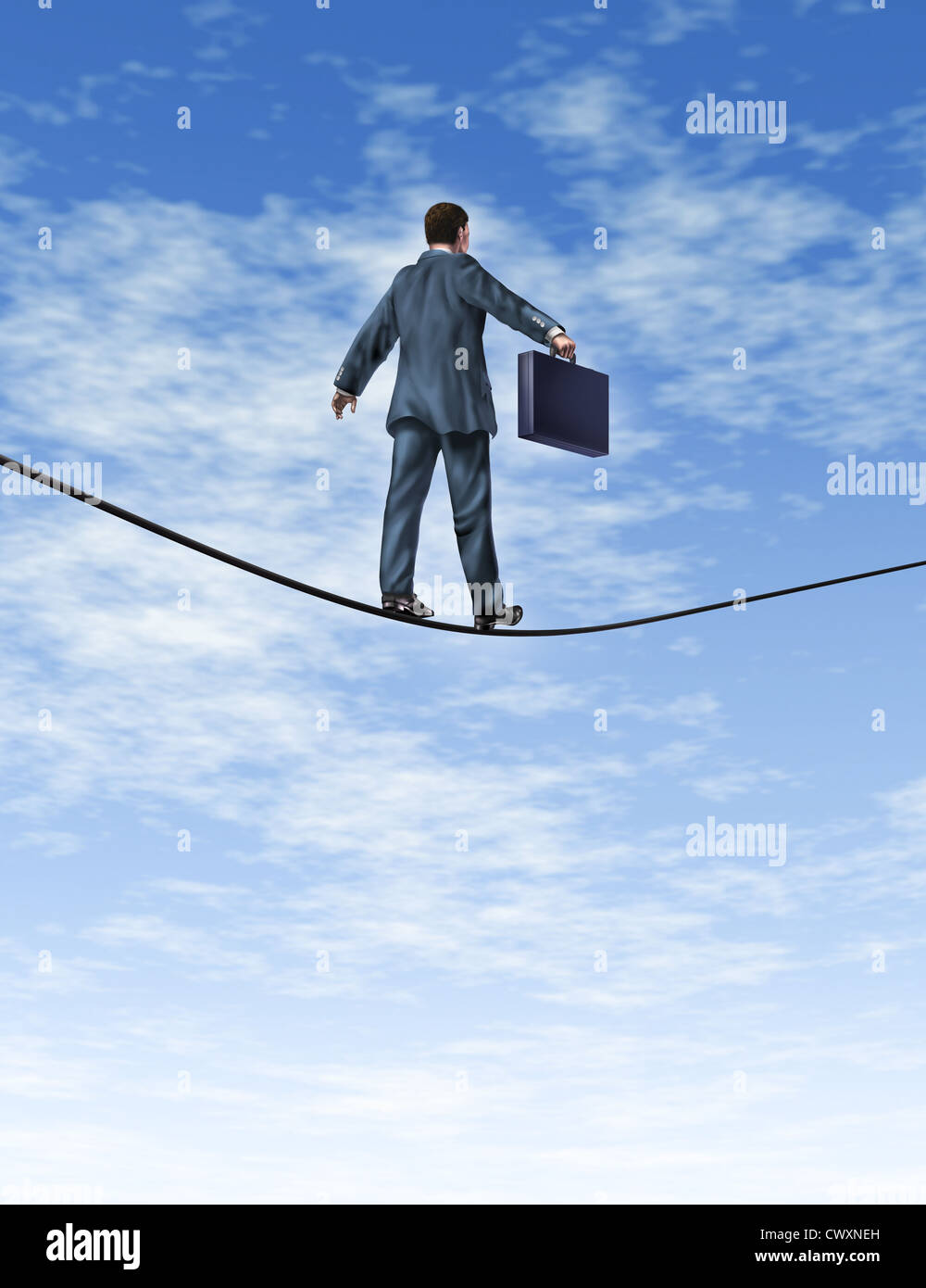 Business man with a briefcase walking a dangerous high risk tightrope ...