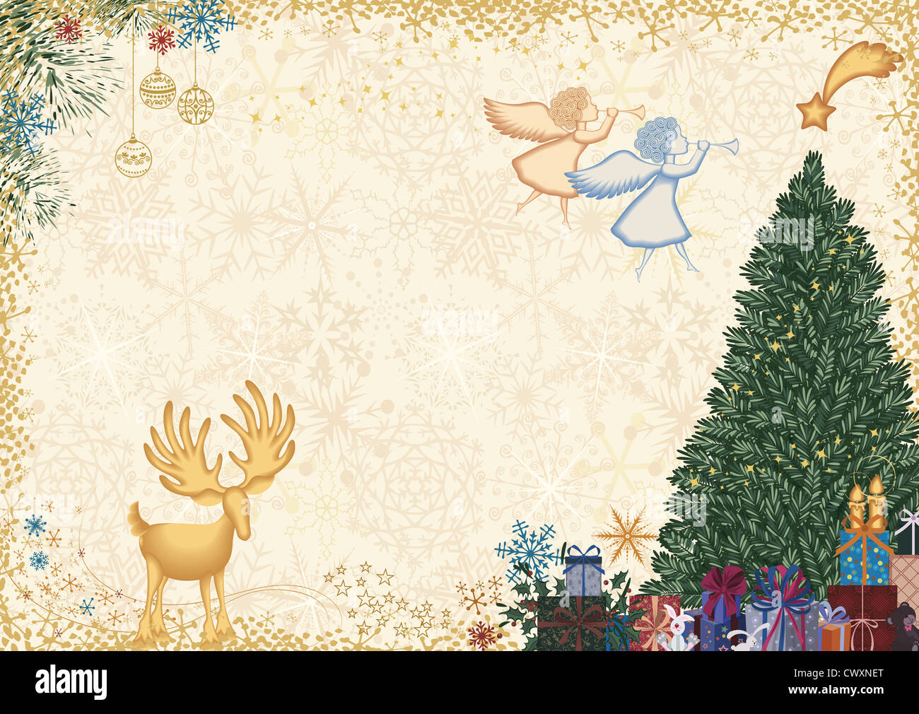 Christmas tree, heap of gifts, reindeer, angels, stars on background ...