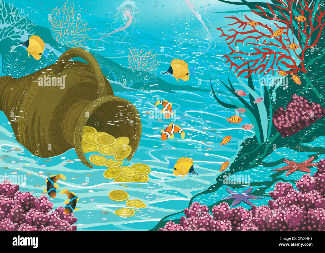 Antique pitcher with gold coins at the bottom of the sea Stock Photo ...