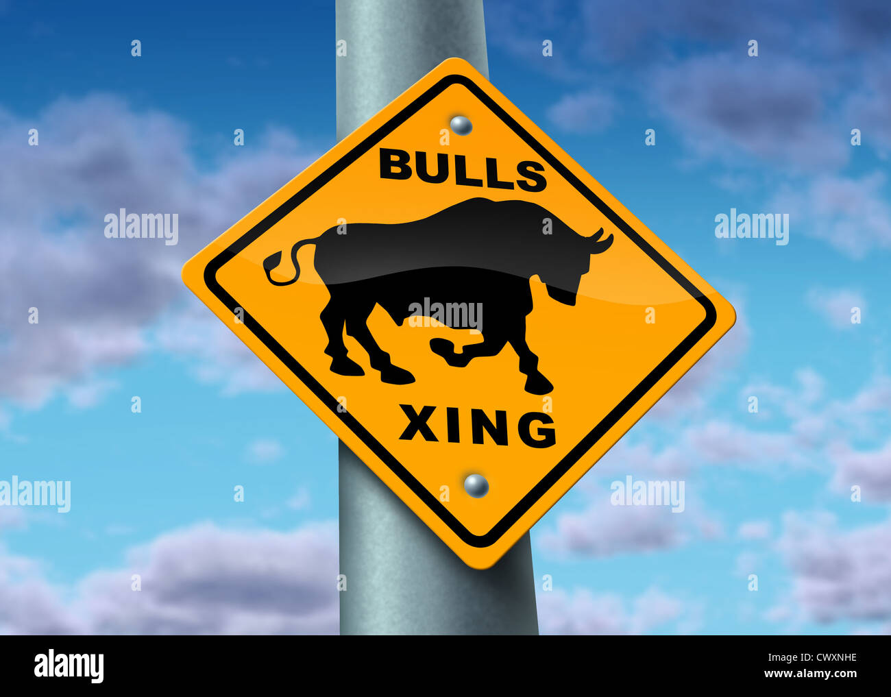 Bull market sign as a yellow street icon showing the financial profit ...